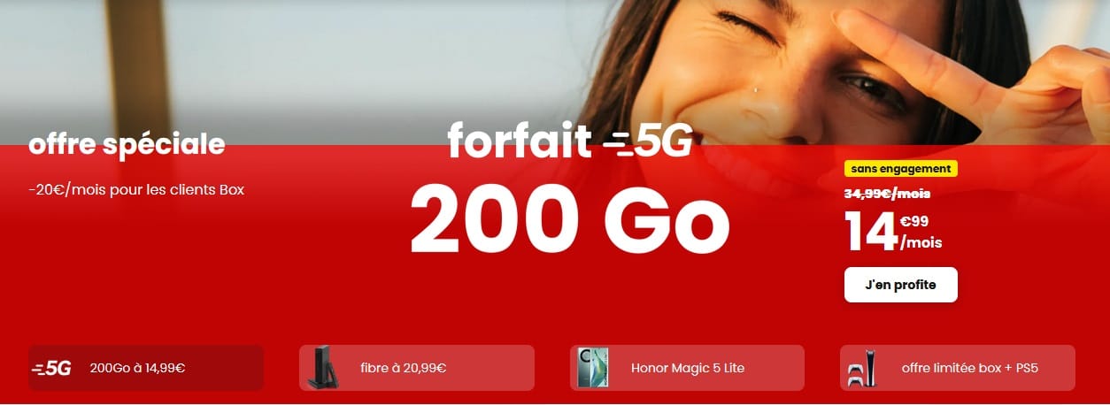 Réduction de 20 € sur le forfait mobile 200 Go 5G de SFR